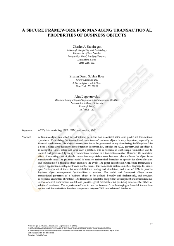 (PDF) A Secure Framework for Managing Transactional Properties of Business Objects | Charles ...