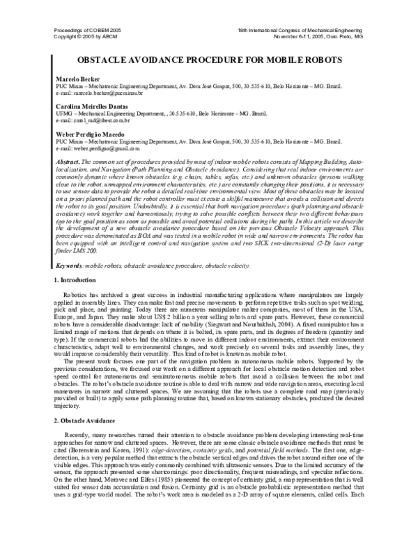 Pdf Obstacle Avoidance Procedure For Mobile Robots