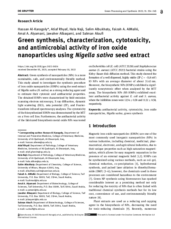 (PDF) Green synthesis, characterization, cytotoxicity, and antimicrobial activity of iron oxide ...