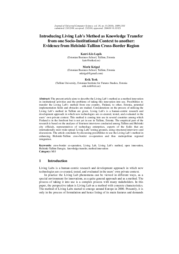 (PDF) Introducing Living Lab's Method as Knowledge Transfer from one Socio-Institutional Context ...