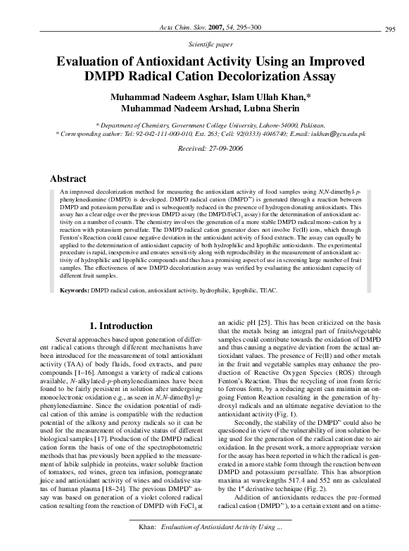 (PDF) Evaluation of antioxidant activity using an improved DMPD radical ...