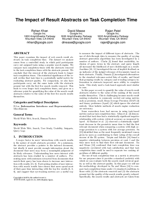 (PDF) The impact of result abstracts on task completion time