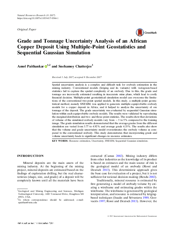 (PDF) Grade and Tonnage Uncertainty Analysis of an African Copper Deposit Using Multiple-Point ...