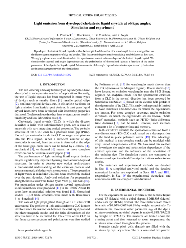 (PDF) Light emission from dye-doped cholesteric liquid crystals at oblique angles: Simulation ...