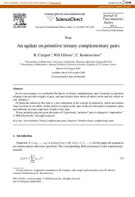 (PDF) An update on primitive ternary complementary pairs