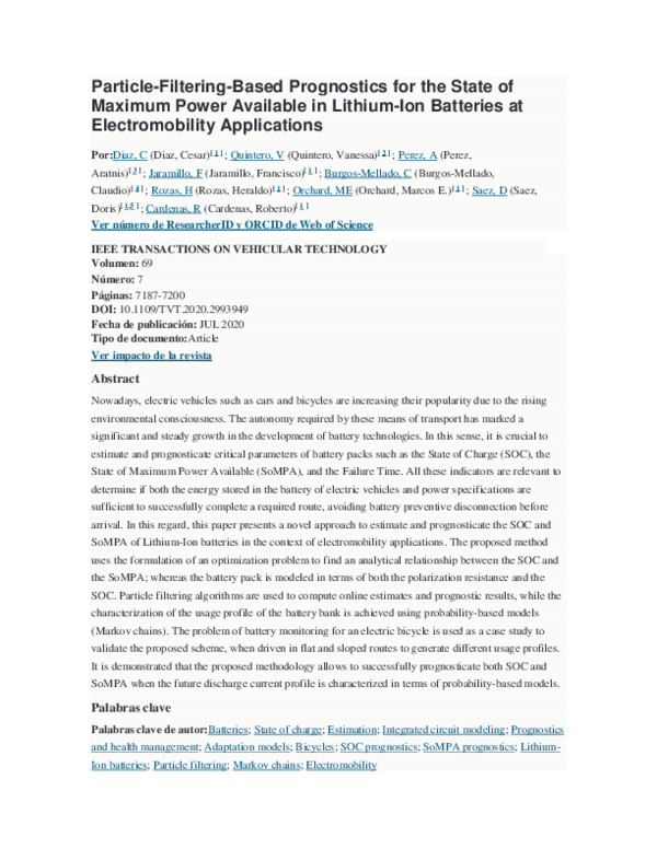 Pdf Particle Filtering Based Prognostics For The State Of Maximum Power Available In Lithium