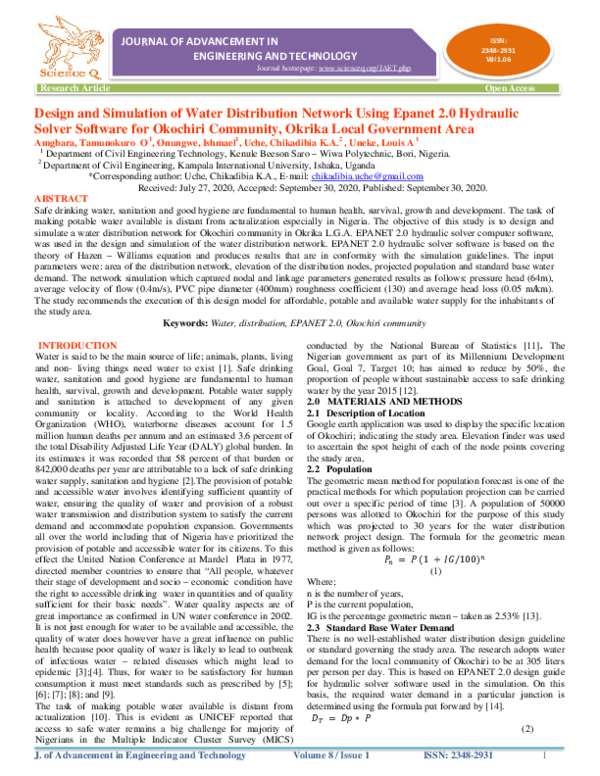 (PDF) Design and Simulation of Water Distribution Network Using Epanet ...