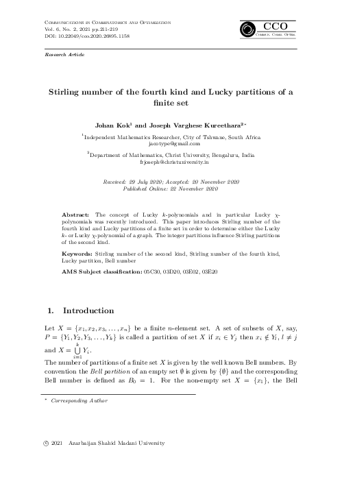 (PDF) Stirling number of the fourth kind and lucky partitions of a ...