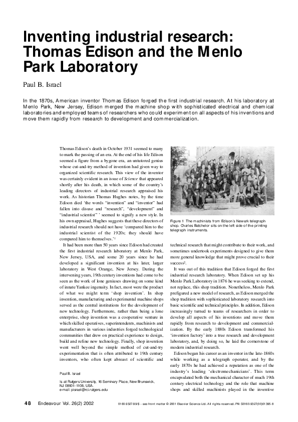 (PDF) Inventing industrial research: Thomas Edison and the Menlo Park ...