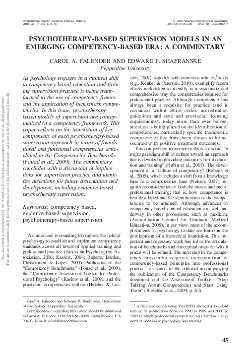 (PDF) Psychotherapy-based supervision models in an emerging competency-based era: A commentary