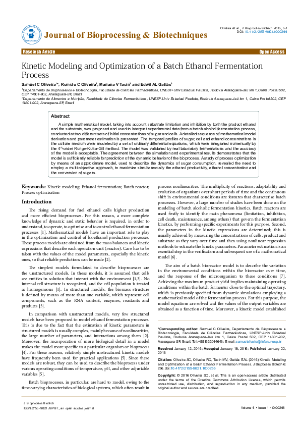 (PDF) Kinetic Modeling and Optimization of a Batch Ethanol Fermentation Process