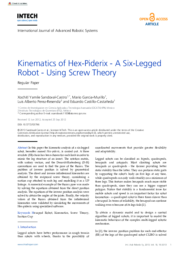 (PDF) Kinematics of Hex-Piderix - A Six-Legged Robot - Using Screw Theory
