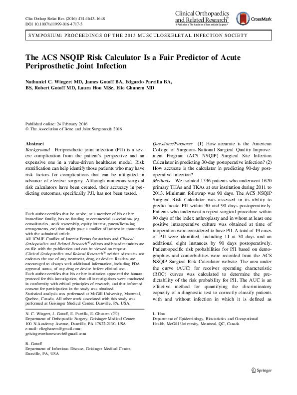 (PDF) The ACS NSQIP Risk Calculator Is a Fair Predictor of Acute ...