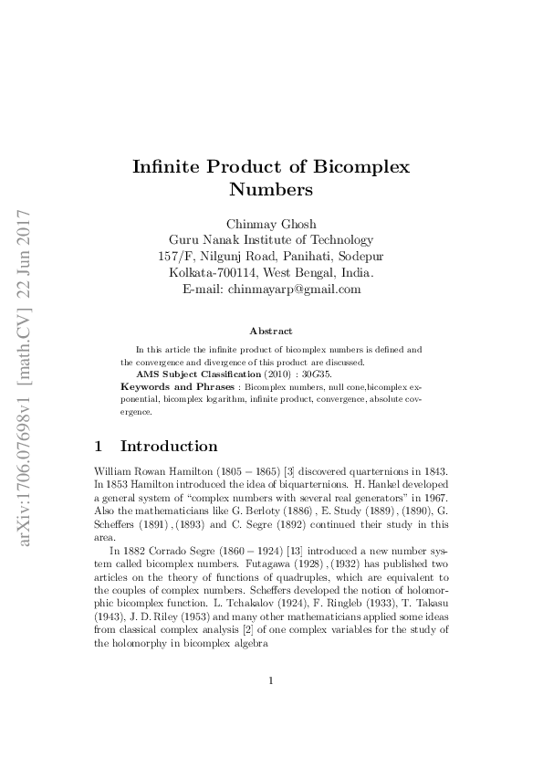 (PDF) Infinite Product of Bicomplex Numbers