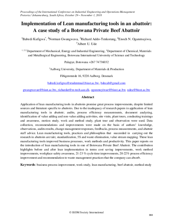 (PDF) Implementation of Lean manufacturing tools in an abattoir: A case study of a Botswana ...