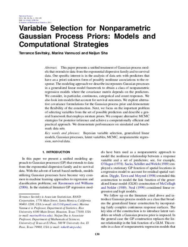 Pdf Variable Selection For Nonparametric Gaussian Process Priors Models And Computational