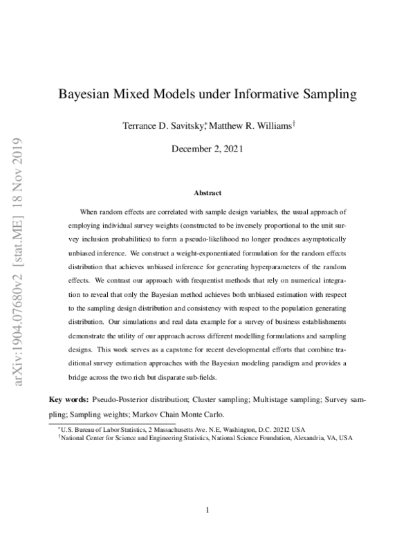 Pdf Bayesian Mixed Effects Model Estimation Under Informative Sampling