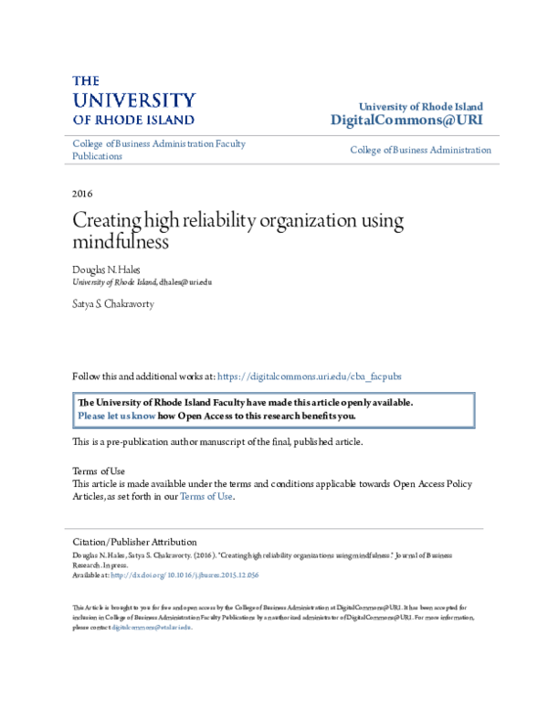 (PDF) Creating high reliability organization using mindfulness