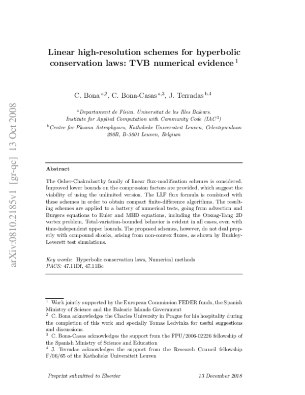 Pdf Linear High Resolution Schemes For Hyperbolic Conservation Laws Tvb Numerical Evidence
