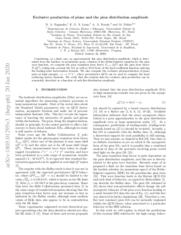 (PDF) Exclusive production of pions and the pion distribution amplitude