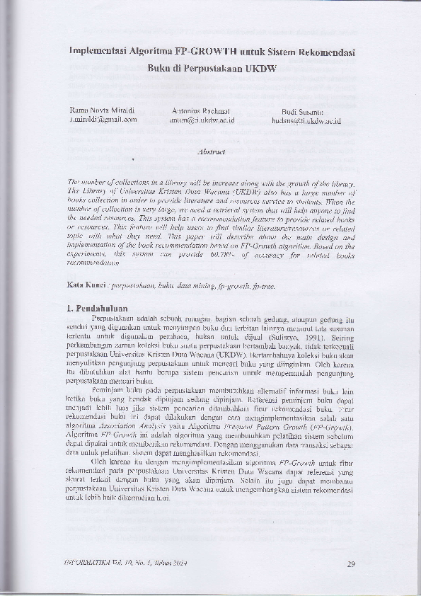 (PDF) Implementasi Algoritma FP-Growth Untuk Sistem Rekomendasi Buku DI Perpustakaan Ukdw