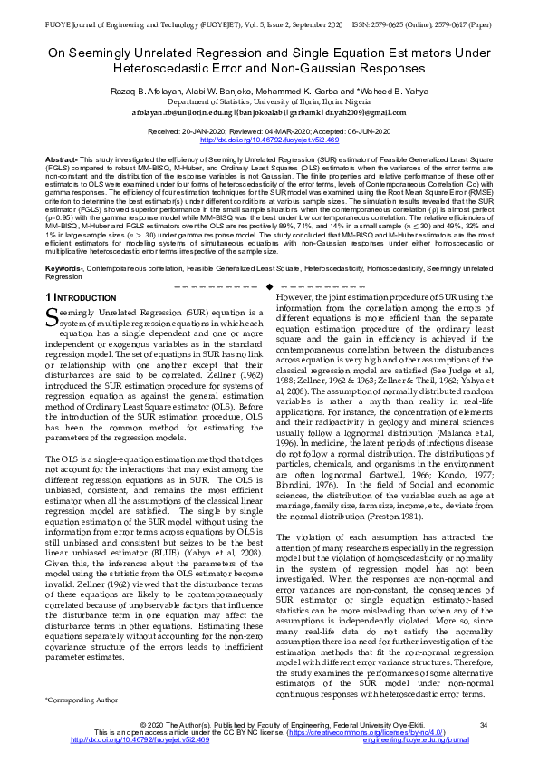(PDF) On Seemingly Unrelated Regression and Single Equation Estimators Under Heteroscedastic ...