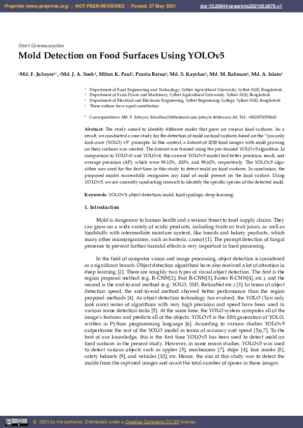 (PDF) Mold Detection on Food Surfaces Using YOLOv5