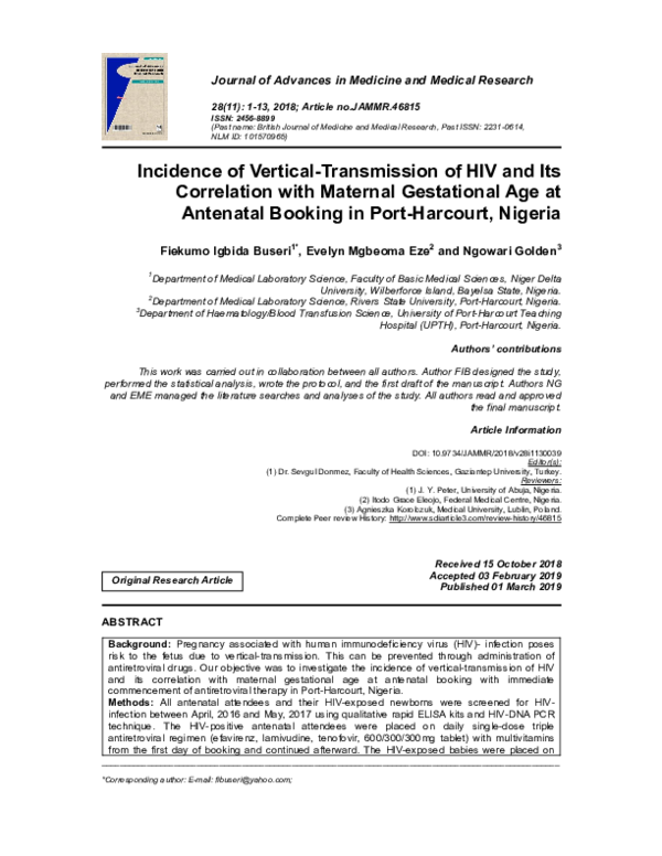 (PDF) Incidence of Vertical-Transmission of HIV and Its Correlation with Maternal Gestational ...