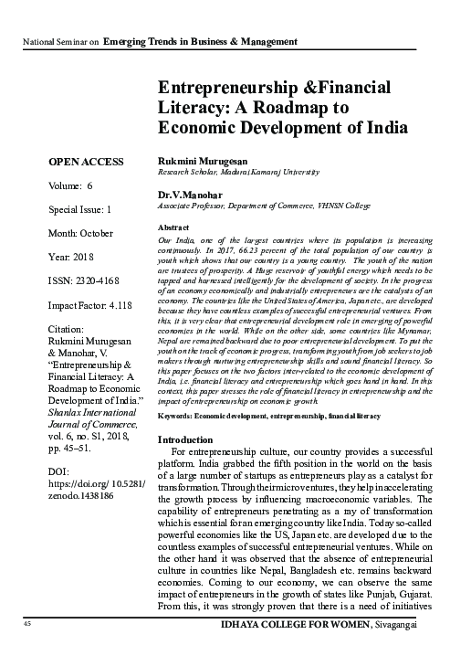 (PDF) Entrepreneurship &Financial Literacy: A Roadmap To Economic ...