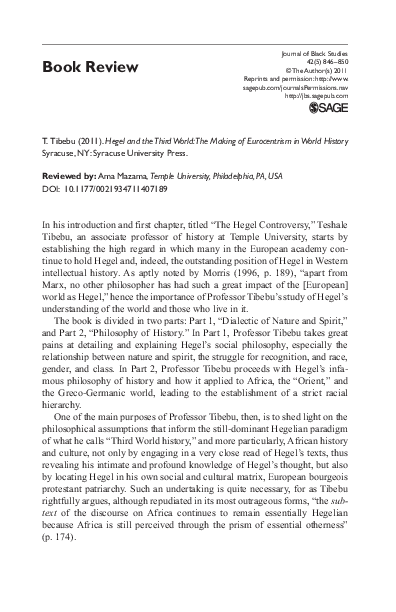 (PDF) Book Review: T. Tibebu (2011). Hegel and the Third World: The ...