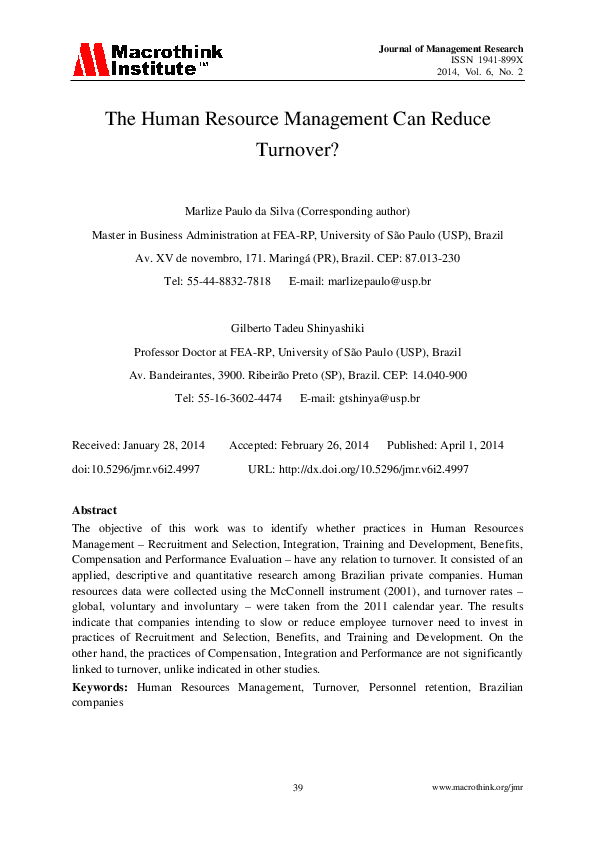 (PDF) The Human Resource Management Can Reduce Turnover?