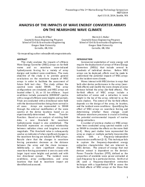 (PDF) Analysis of the Impacts of Wave Energy Converter Arrays on the Nearshore Wave Climate