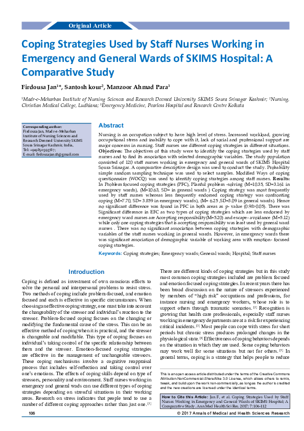 (PDF) Coping Strategies Used by Staff Nurses Working in Emergency and ...