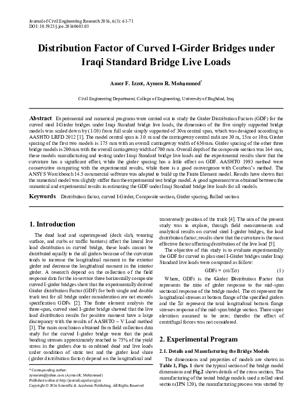 (PDF) Distribution Factor of Curved I-Girder Bridges under Iraqi ...