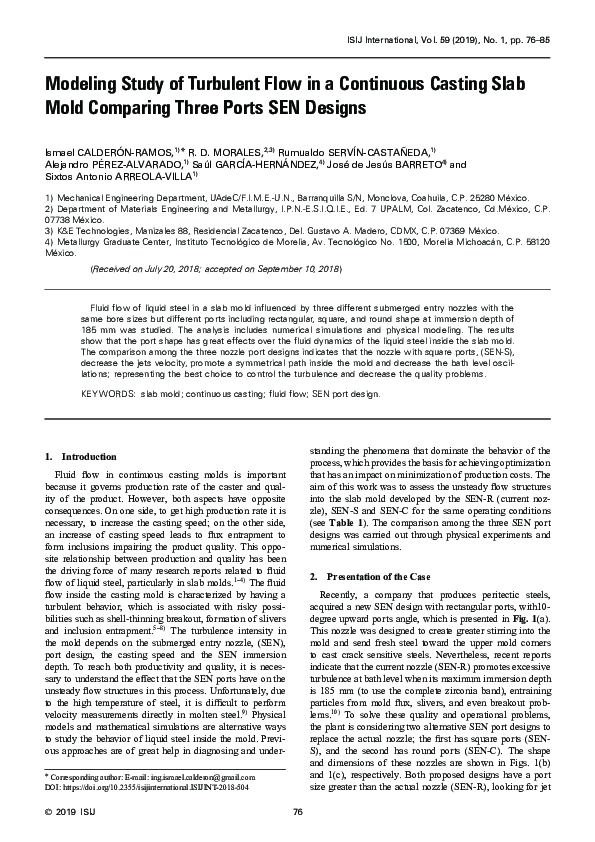 (PDF) Modeling Study of Turbulent Flow in a Continuous Casting Slab Mold Comparing Three Ports ...