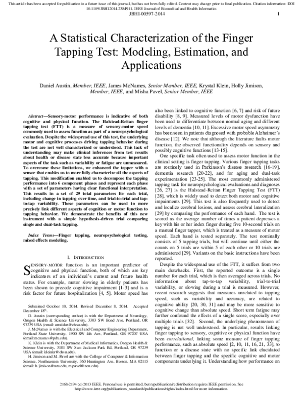 (PDF) A Statistical Characterization of the Finger Tapping Test ...