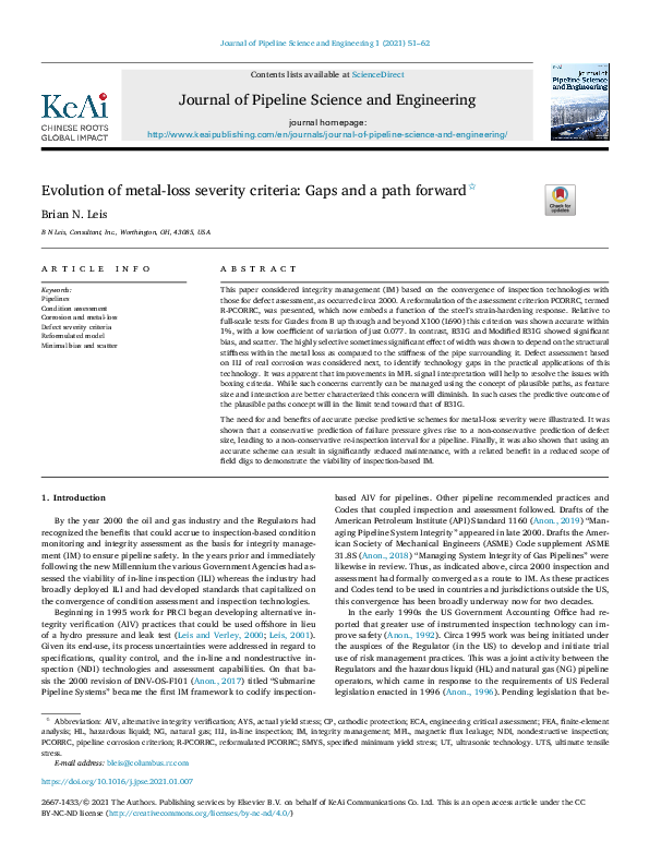 (PDF) Evolution of metal-loss severity criteria: Gaps and a path forward