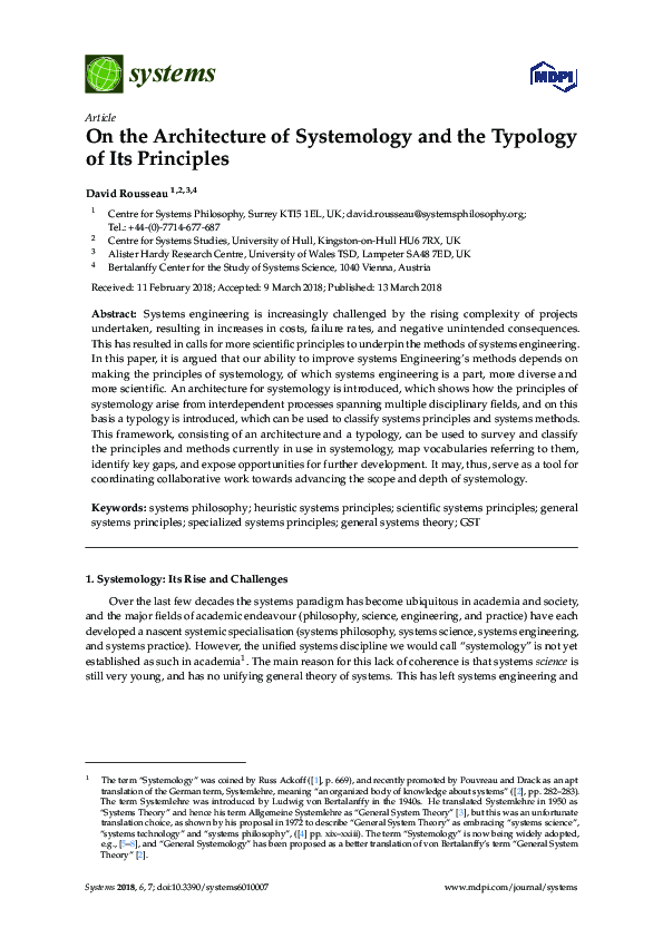 (PDF) On the Architecture of Systemology and the Typology of Its Principles