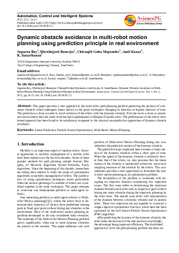 Pdf Dynamic Obstacle Avoidance In Multi Robot Motion Planning Using Prediction Principle In