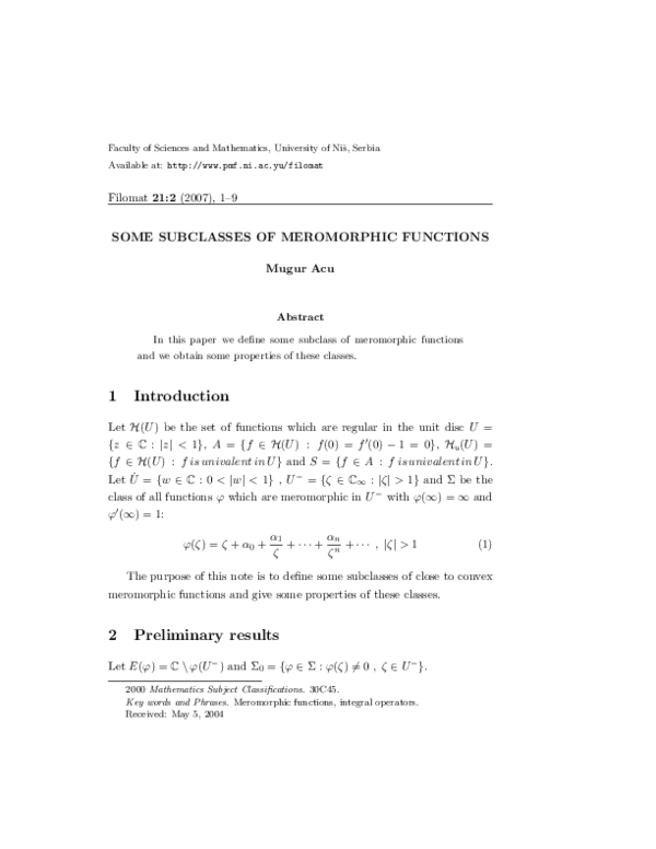 (PDF) Some subclasses of meromorphic functions | Mugur Acu - Academia.edu