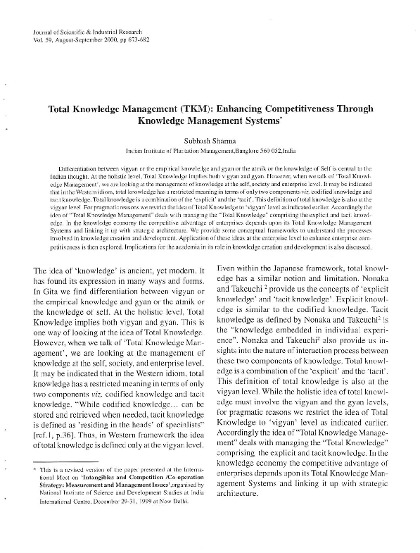 (PDF) Total Knowledge management (TKM): Enhancing competitiveness ...