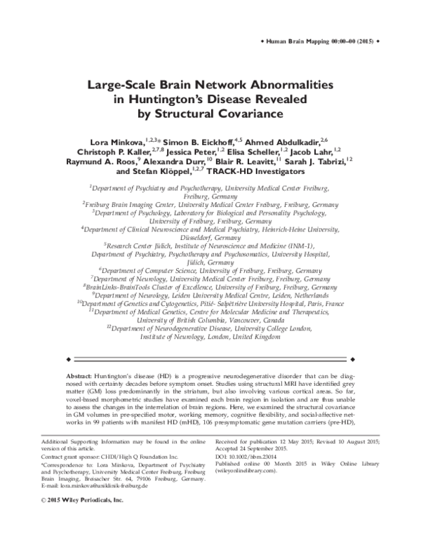 (PDF) Large-scale brain network abnormalities in Huntington's disease revealed by structural ...