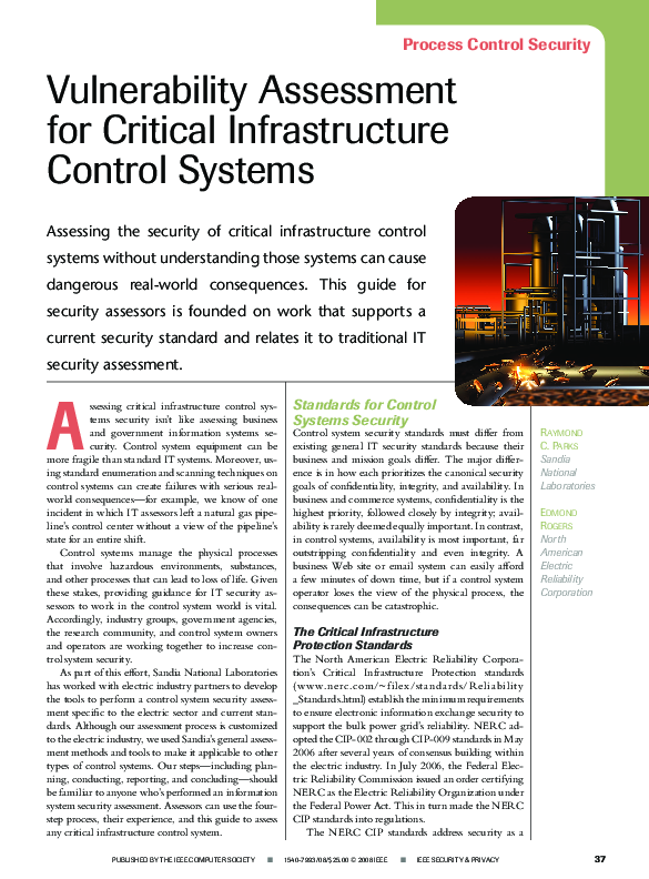 Pdf Vulnerability Assessment For Critical Infrastructure Control Systems