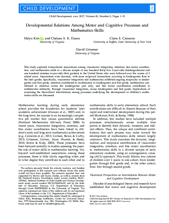 (PDF) Developmental Relations Among Motor and Cognitive Processes and ...