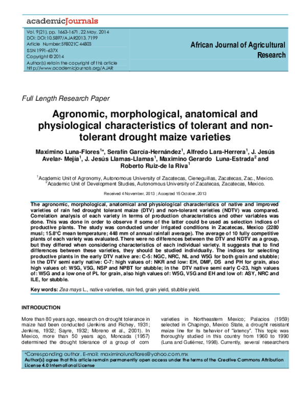 (PDF) Characteristics of Drought-Tolerant and Non-Tolerant Maize Varieties