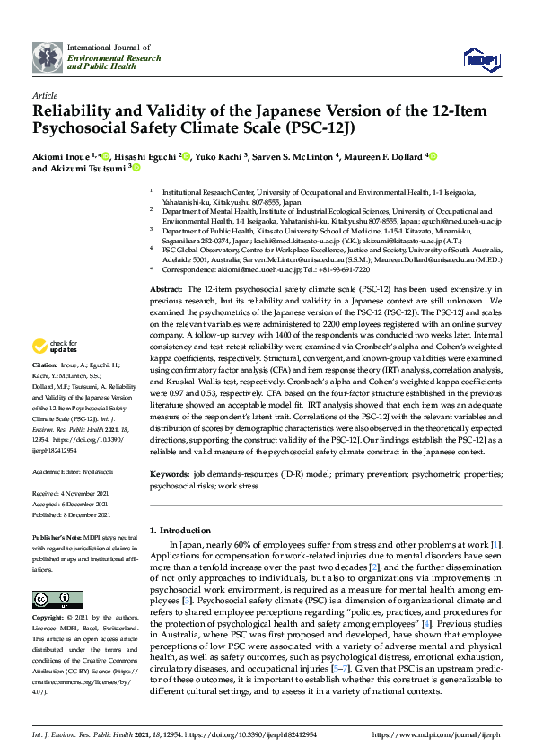 (PDF) Reliability and Validity of the Japanese Version of the 12-Item Psychosocial Safety ...