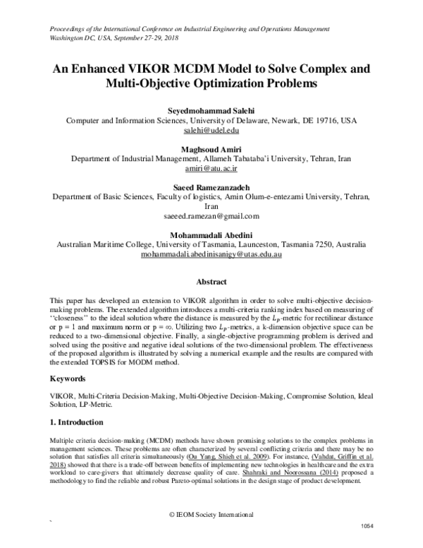 (PDF) An Enhanced VIKOR MCDM Model to Solve Complex and Multi-Objective ...