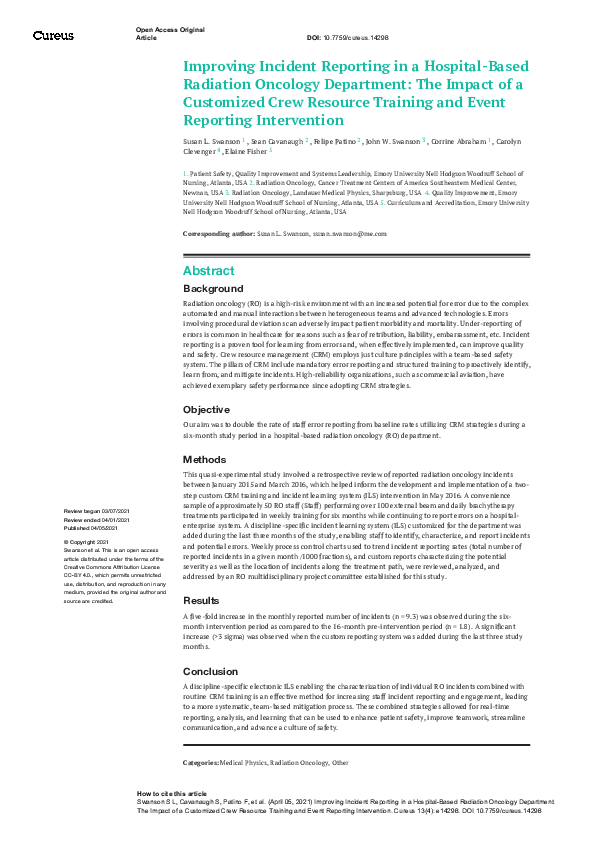 (PDF) Improving Incident Reporting in a Hospital-Based Radiation ...