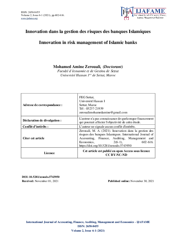 (PDF) Innovation dans la gestion des risques des banques Islamiques