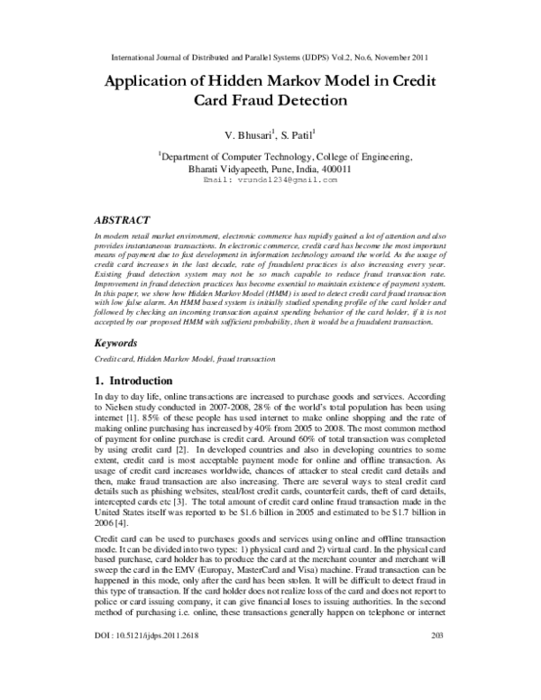 (PDF) Application of Hidden Markov Model in Credit Card Fraud Detection